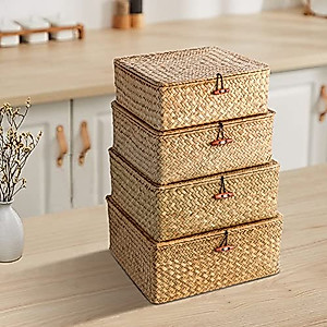 Ruosuruosu Cube Stackable Storage Bins Lids,Wicker Woven Storage Baskets Shelves,Set 4 Seagrass Storage Boxes,Rattan Storage Containers Organizing,Clothes,Toys,Books Cluttered Small Items Honey Brown