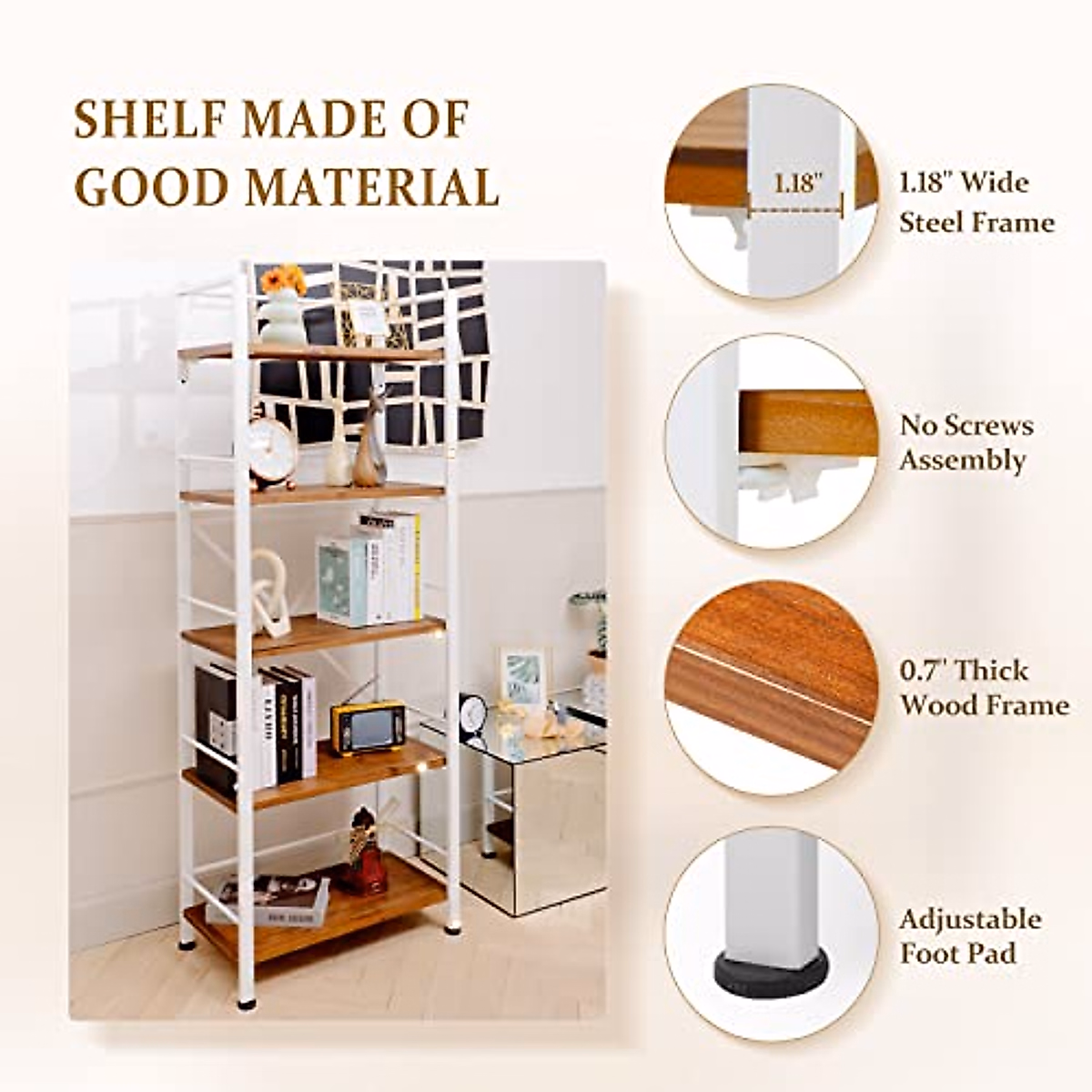 Crofy 5 Tier White Bookshelf, Real Wood Bookshelf Simply Assembled in 10 Minutes, Metal Book Shelf for Storage, Bookcase for Office Organization and Storage, 12.6 D x 23.62 W x 64.17 H Inches