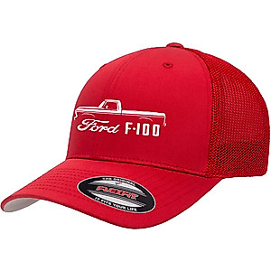 1973-77 Ford F100 Pickup Truck Outline Design Flexfit Trucker Mesh Fitted Cap red