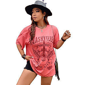SOLY HUX Women's Plus Size Oversized Graphic Tees Letter Print Half Sleeve Summer T Shirts Tops Watermelon Pink Letter 2XL