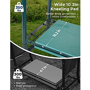 DEERFAMY Garden Stool 10.2" Width, Garden Kneeler and Seat Load Cap 350 lbs, Heavy Duty Gardening Stool with Extra Kneeling Pad, 2 Tool Pouches, Claw Gloves, Gift for Women Seniors, Green