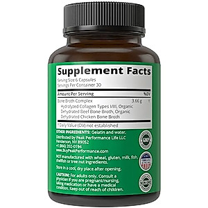 Bone Broth Collagen Capsules. 180 Pills of Grass Fed Bone Broth Collagen Protein Peptides. Contains All 3 Collagen Types 1, 2, and 3. Pure Pasture Raised Paleo Friendly Tablets for Women and Men