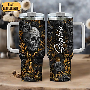 Hyturtle Personalized Gothic Skull Tumbler - Sunflower Gifts For Skeleton Lovers - Horror Lover Gifts - Gift For Women On Halloween - Spooky Tumbler - Custom Travel Coffee Cup 40oz With Lid And Straw