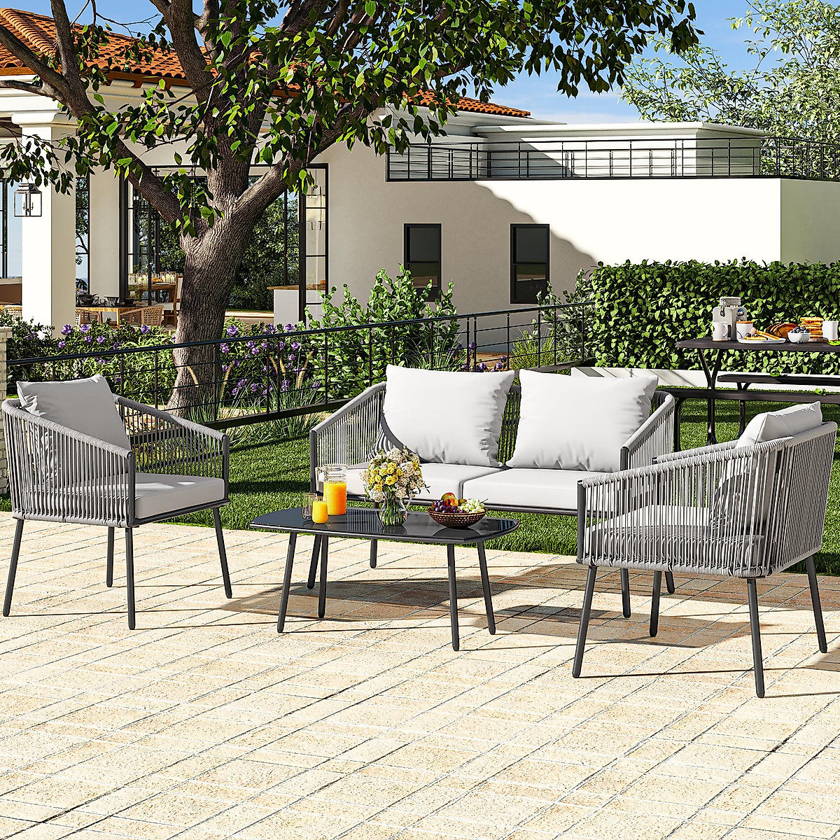 YITAHOME 4-Piece Patio Furniture Outdoor Bistro Set, All Weather Double Gray Rope Conversation Loveseat for Backyard, Balcony, Deck with Soft Cushions and Metal Table (Gray)