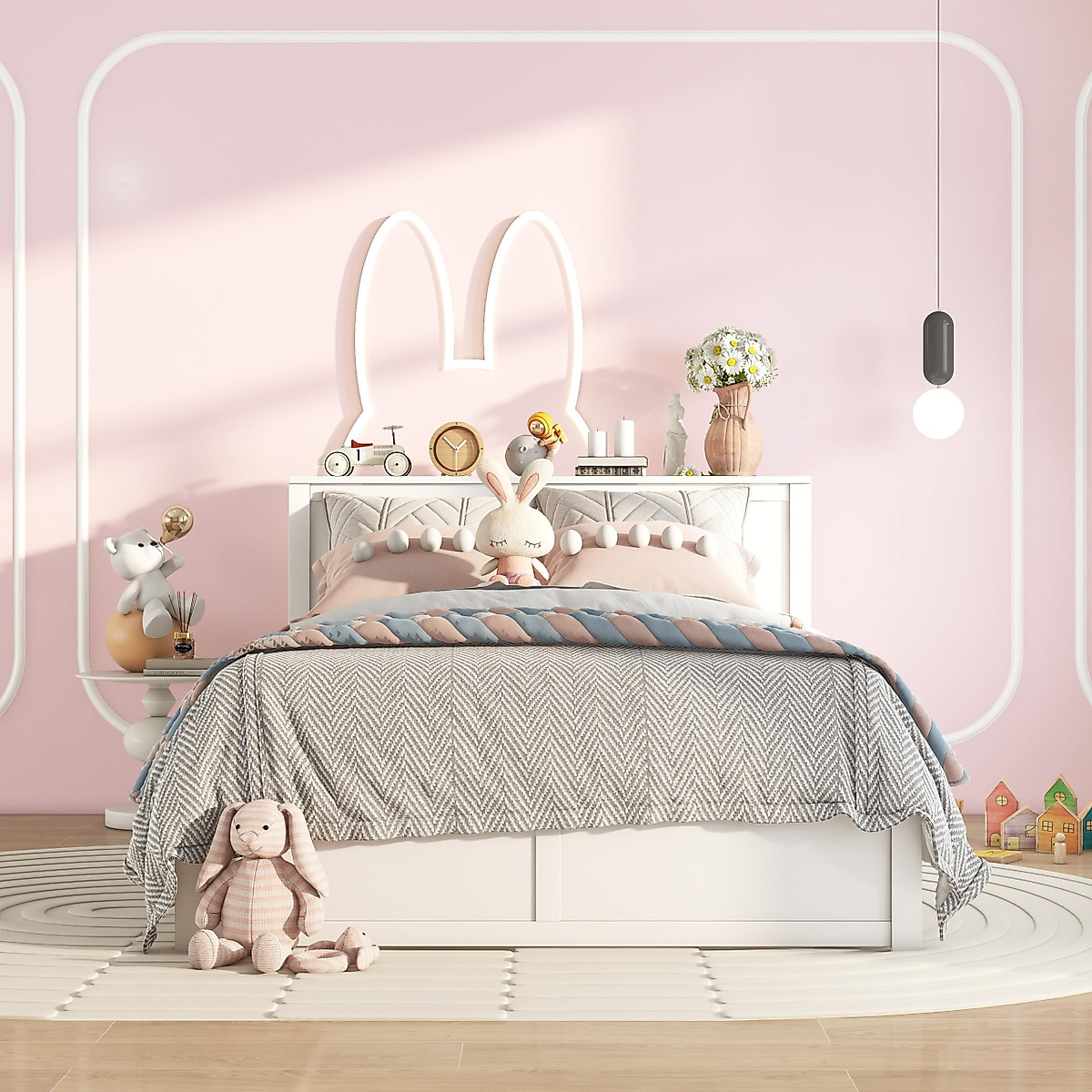 Queen Size Storage Bed with Trundle, Wood Platform Bed Frame with Storage Shelves Headboard and Twin Size Trundle Bed, Wooden Queen Beds for Kids Boys Girls Teens, White