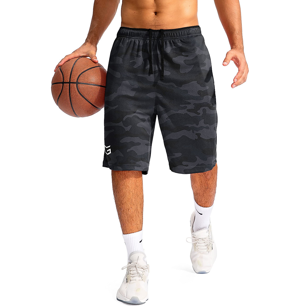Men's Basketball Shorts with Zipper Pockets Lightweight Quick Dry 11" Long Shorts for Men Athletic Gym(Gray Camo,L)