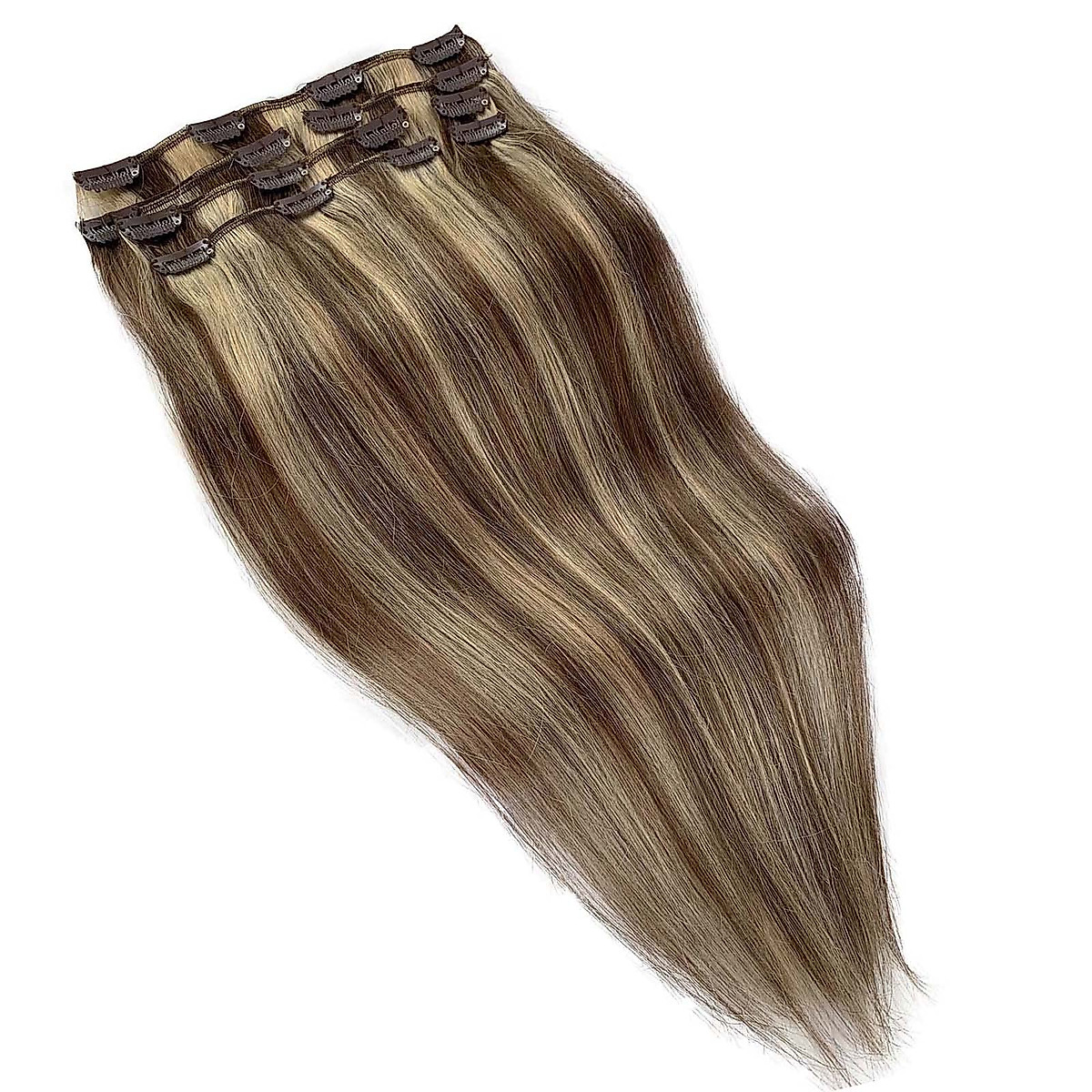 Clip in Hair Extensions Real Human Hair, 15 Inch 7PCS Human Hair Clip in Extensions Brown and Blonde Highlights Thick Full Brown Hair Extensions with Blonde Highlights Clip ins, Lightweight to Wear