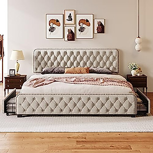 King Size Upholstered Platform Bed Frame with 4 Storage Drawers, Metal Bed Frame with Button Tufted Headboard and Footboard Sturdy Wood Slat Support, No Box Spring Required, Beige (Beige-KZC9A)