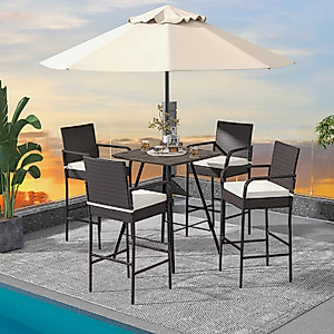 Tangkula Patio Wicker Barstools Set of 2, Outdoor PE Rattan Bar Chairs with Armrests & Soft Cushions, Stable Metal Frame, 400 lbs Max Load, Mix Brown PE Wicker Bar Chairs for Porch, Backyard
