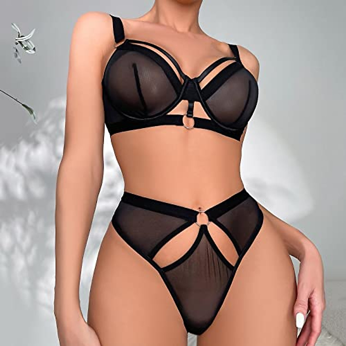 HUANKD Women's Lingerie Sexy, Sexy Naughty Underwear Lace Teddy Lingerie for Women, Women's Fashion Strapstwo-Piece Suit Solid Color Wireless Bra Underwear Panties Lengerie Plus Size (L, Black-1)