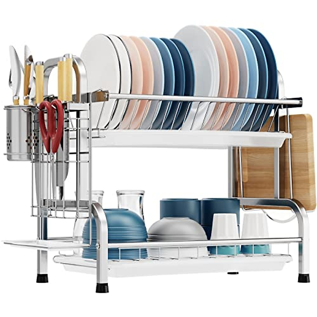 GSlife Stainless Steel Dish Drying Rack Rustproof 2 Tier Dish Rack for Kitchen Counter with 3 Drainboards, Tiered Dish Drainer with Utensils Holder,Cutting Board Holder, Silver