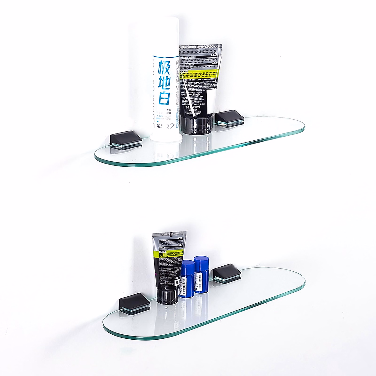 APROTOSS Sleek 16 inch Glass Shelves with Black Hardware- Enhance Your Glass Bathroom Vanity Shelf and Wall Decor with Stylish Black Glass Floating Shelves and Decorative Glass Wall Shelves