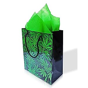 Gift Bag with Tissue, Large Size, Marijuana Bud and Leaves Print, with Cotton Handles, for Christmas, Holiday, Birthday, Wedding, Bachelor, and Bachelorette Occasions