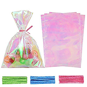 Sainyarh 120pcs Cellophane Treat Bags, Iridescent Holographic Cellophane Bags, 6x9 inch Iridescent Holographic Cellophane Goodie Bags, Iridescent Cellophane Party Favor Treat Bags Candy Cookie Bags