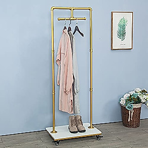 FURVOKIA Industrial Pipe and Wood Rolling Clothes Retail Heavy Duty Garment Racks,Metal Clothing Store Hanger Storage Shelves,Floor-Standing Display Rack,Decor Pipeline Shelf (Gold)