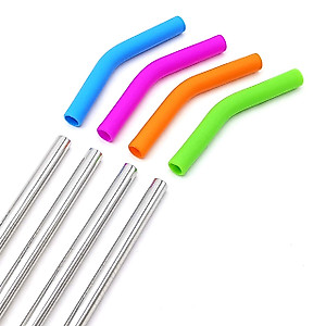 Big Drinking Straws Reusable 14.5" Extra Long 8mm Extra Wide Food-Grade 18/8 Stainless Steel Silicone Elbows Tips for Smoothie Milkshake Cocktail Juice Hot Drinks - Set of 4 + 2 Cleaning Brushes