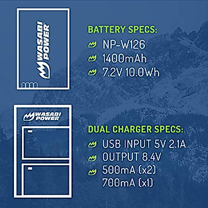Wasabi Power NP-W126, NP-W126S Battery (2-Pack) Micro USB Dual Charger for Fuji X-T100, X-T200, X100F, X100V, X-S10, X-A5, X-A10, X-E4, X-Pro2, X-Pro3, X-T1, X-T2, X-T3, X-T10, X-T20, X-T30, X-T30 II