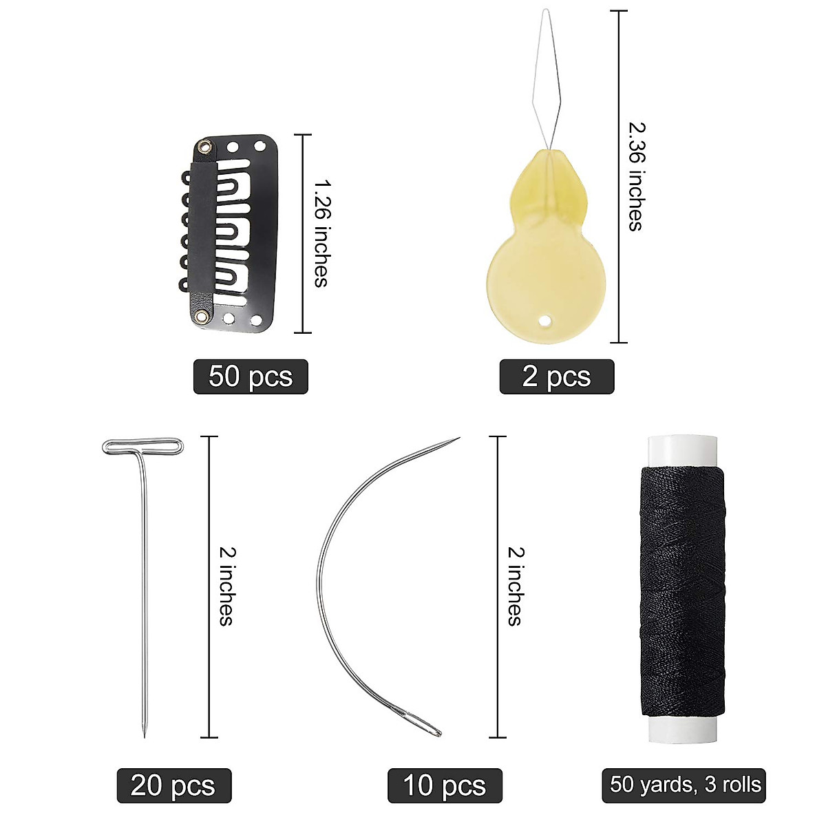 85 Pieces Hair Extensions Clip Wig Making Set, Includes 50 U-Shape Snap Clips, 10 Curved Needles, 20 T-Pins, 3 Rolls Weaving Thread, 2 Needle Threader for Wig Making Hair Extensions (Black)