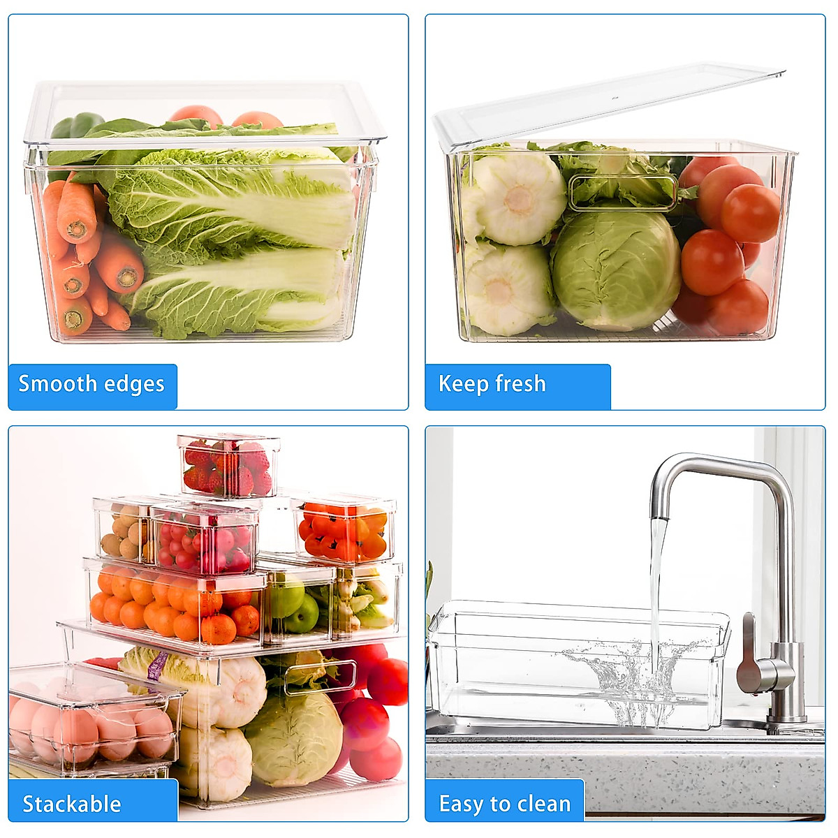 12-pack Clear Stackable Fridge Organizer with Lids, Egg Holder for Refrigerator, Plastic Refrigerator Organizer Bins with 4 Drain Trays, Fruit Storage Containers for Fridge