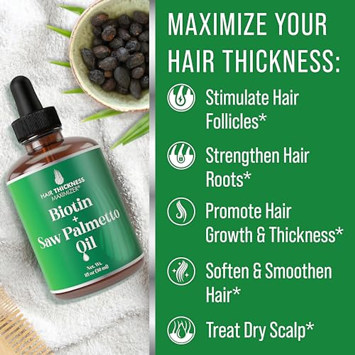 Biotin + Saw Palmetto Oil For Hair Growth. With Vitamin E, Rosemary Extract, Amla. Vegan Thickening, Moisturizing, Strengthening Serum For Women, Men. Scalp Treatment For Weak, Dry Hair 1oz