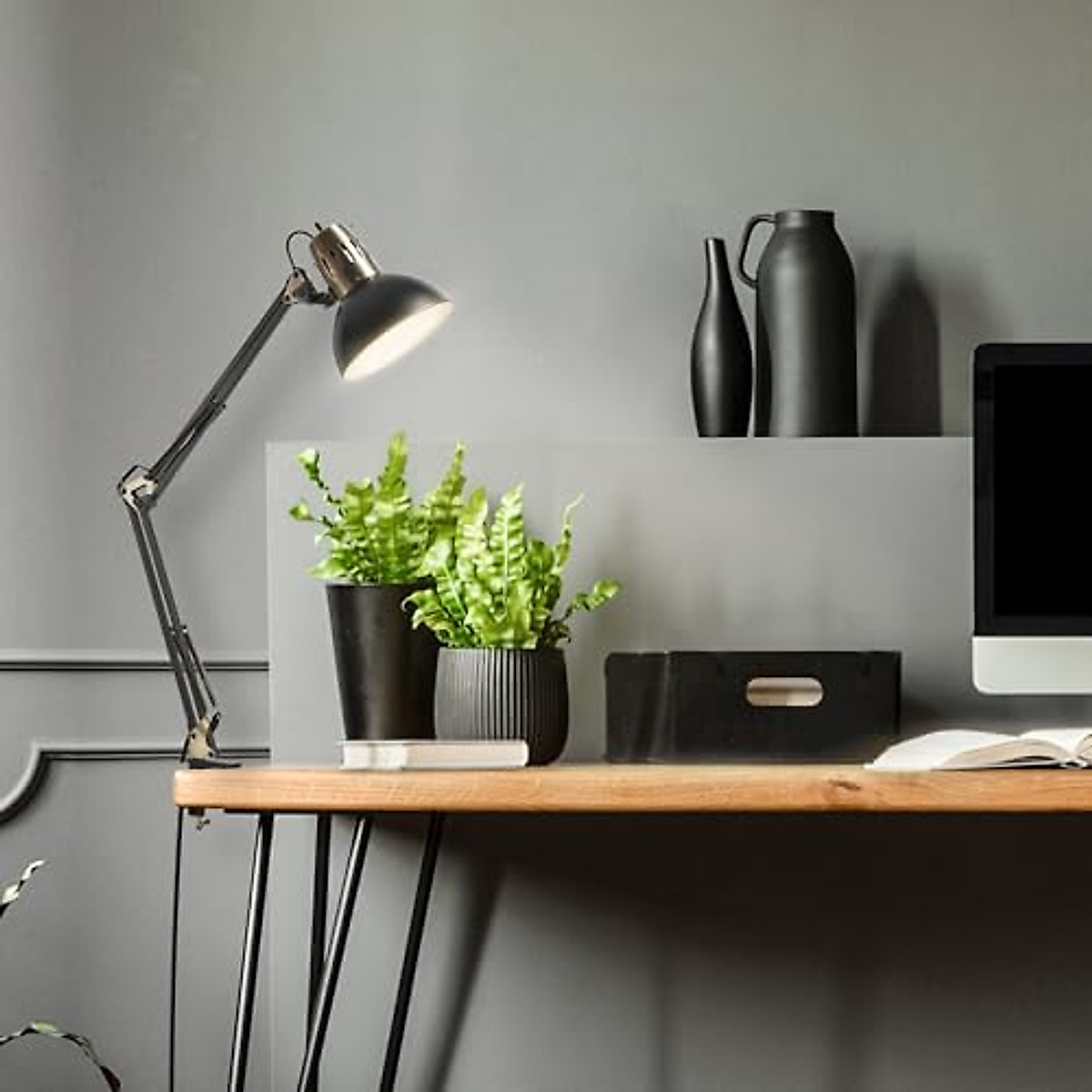 Globe Electric 62000009 32" Multi-Joint Desk Lamp with Metal Clamp, Matte Black, Antique Brass Accents, On/Off Rotary Switch on Shade, Partially Adjustable Swing Arm, Home Décor, Office Accessory