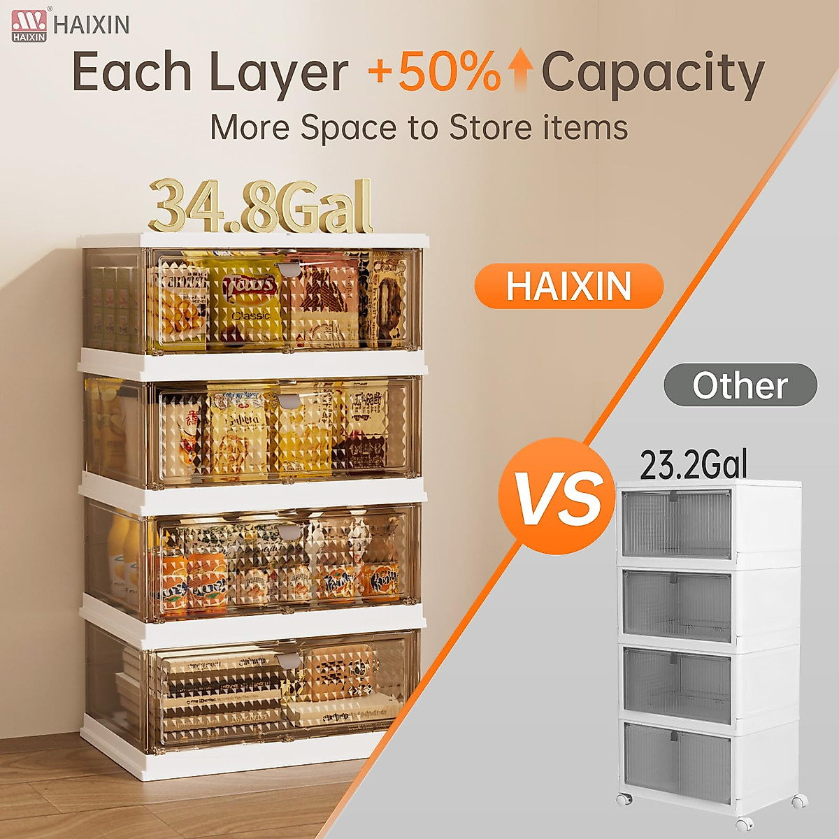 HAIXIN Plastic Folding Storage Bins, Stackable Storage Drawer with Magnetic Diamond Door, Closet Organizers and Storage for Bedroom Sturdy Easy Assembly Brown, 34.76Gal(20.7" L x 13.7" W x 35.1"H)