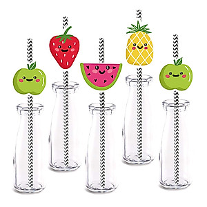 Fruit Party Straw Decor, 24-Pack Tropical Summer Baby Shower Birthday Party Decorations, Paper Decorative Straws