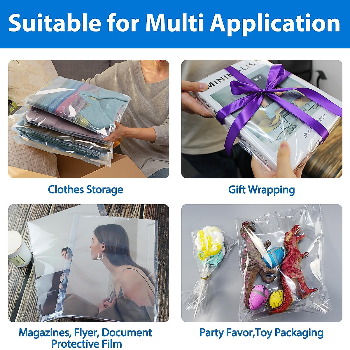 PigPotParty 100PCS 10"x13" Clear Plastic Cellophane Shirts Bags with Clothing Size Stickers, Resealable Self Seal Adhesive Bags for Jeans, Hoodies, Sweater, T-Shirt, Dress, Gift Packaging on Retail