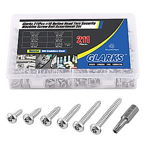 Glarks 211Pcs #10 x 1/2'' / 5/8'' / 3/4'' / 1" / 1-1/4'' / 1-1/2'' Button Head Torx Security Stainless Steel Screws, 6 Size Tamper Resistant Screws Assortment Set with T25 Bit