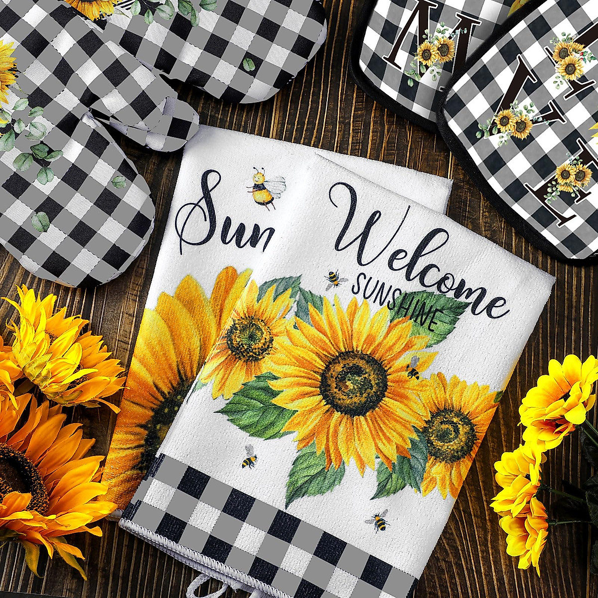 Bencailor 6 Pcs Kitchen Decor Pot Holders Oven Mitts 2 Dish Towels 2 Farmhouse Cooking Mittens Oven Glove 2 Potholder for Baking Cooking Grilling Supply Accessories(Yellow,Sunflower)