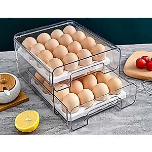 YouLike 1pack Stackable Refrigerator Organizer Drawer for Kitchen Clear Plastic Storage Bins 2-tiers Containers With Removeable Egg Racks 32grids Egg Holder Cabinet Office Pantry Pull Out Bins