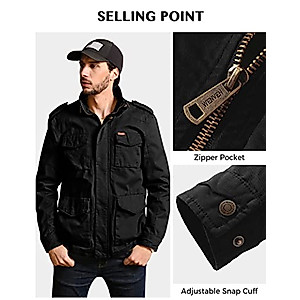 WenVen Men's Washed Cotton Canvas Safari Jacket Spring Military Coat (Black, L)
