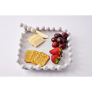 Mud Pie Beaded Boxed Cheese Set, plate 9" x 9" | spreader 6 1/2", White