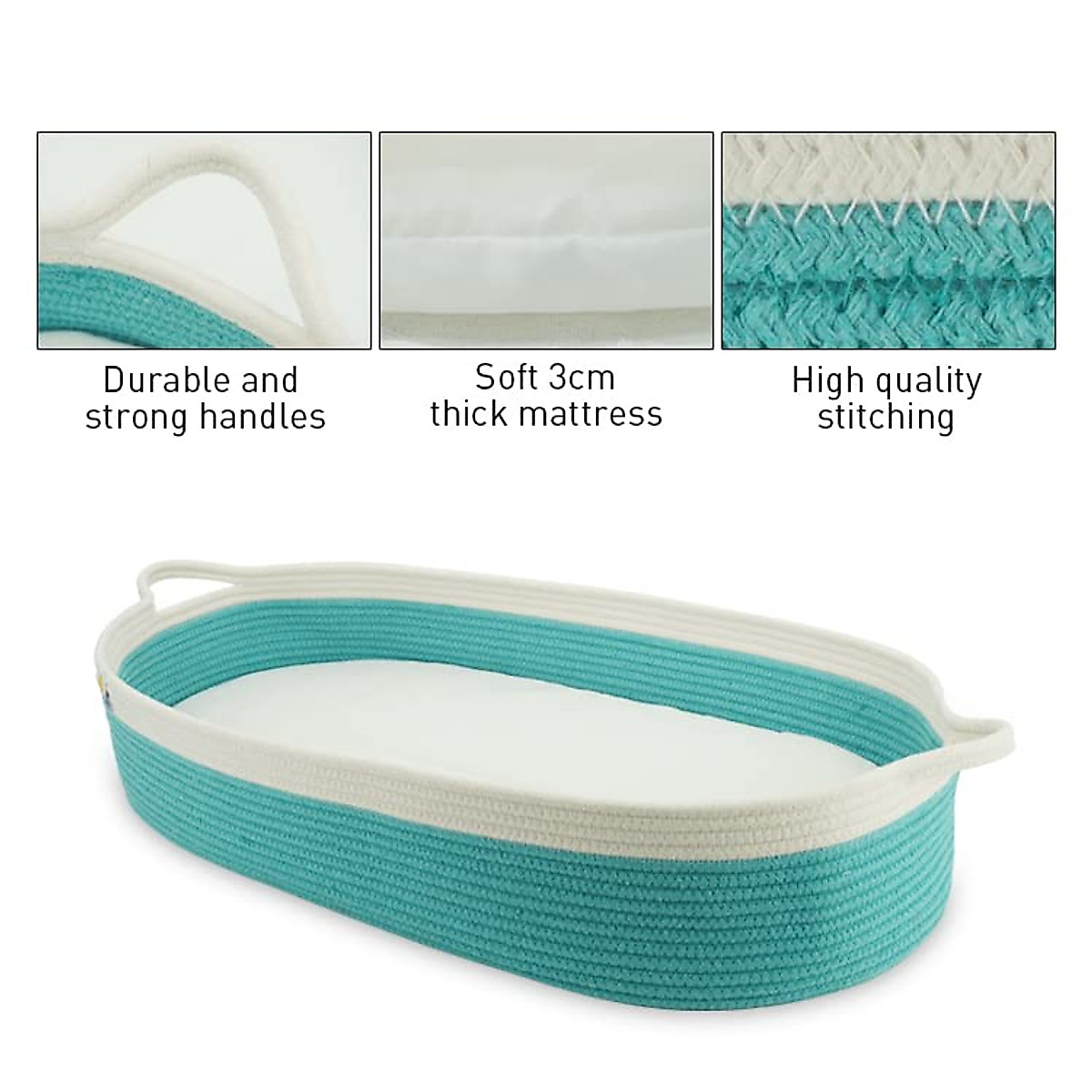 Littexplorer Portable Travel Baby Moses Basket - Diaper Changing Pad Table - Dresser and Nursery Change Bassinet - 3cm Thick Comfortable Mattress with Washable Topper - 100% Cotton - Turquoise Color