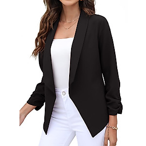 GRECERELLE Women's Blazer Suit Open Front Cardigan 3/4 Sleeve Fitted Jacket Casual Office Cropped Blazer Black-16