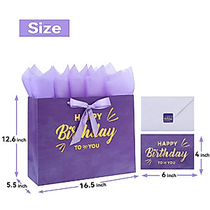 16.5" Extra Large Purple Painting Gift Bag Set with Greeting Card and Lavender Tissue Papers (Gold Foil Happy Birthday) for Women's Birthday Party, Girls' Birthday Parties, Baby Shower, Baby Girl - 16.5”x5.5”x12.6”, 1 Pcs.
