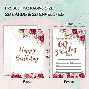 TFCIATE Rose Floral 60th Birthday Party Invitation Cards, 20 Double - Sided Fill-in Invitation with Envelopes, Blush Rose Gold 60 years old Party Favors Supplies for Adult, Women, Man - B013