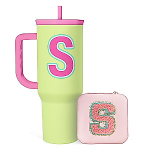 SANDJEST Stainless Steel Slider Tumbler With Handle 40oz & Jewelry Case with Initial S