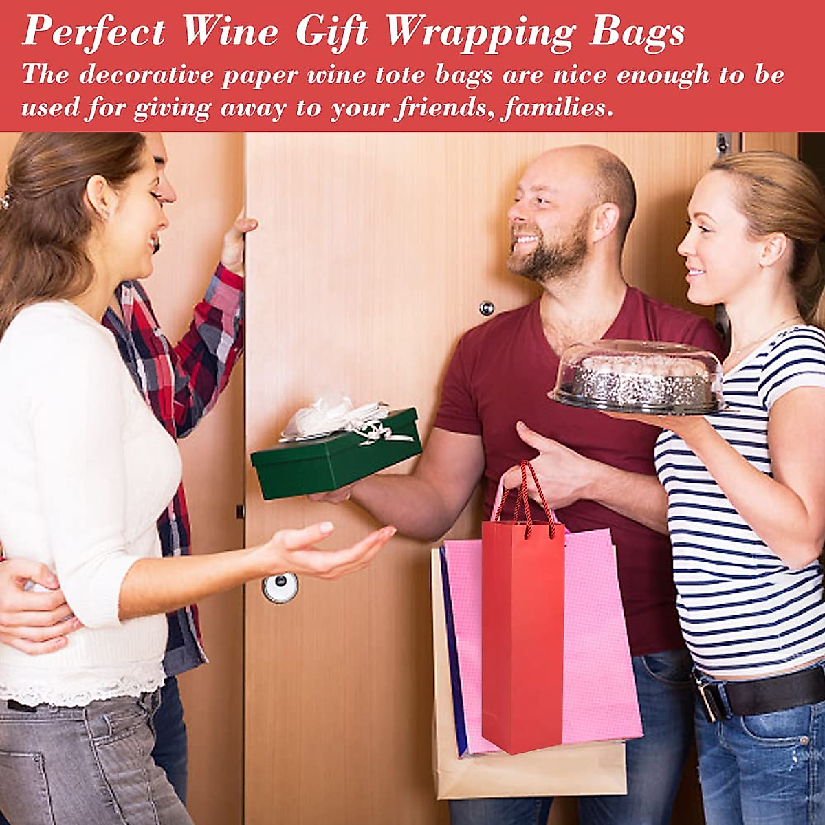 HRX Package Sturdy Kraft Paper Single Bottle Wine Gift Bags, 12PCS Quality Paper Wine Tote Bags with Handles for Christmas, Party, Shopping, Retail Merchandise (Black)