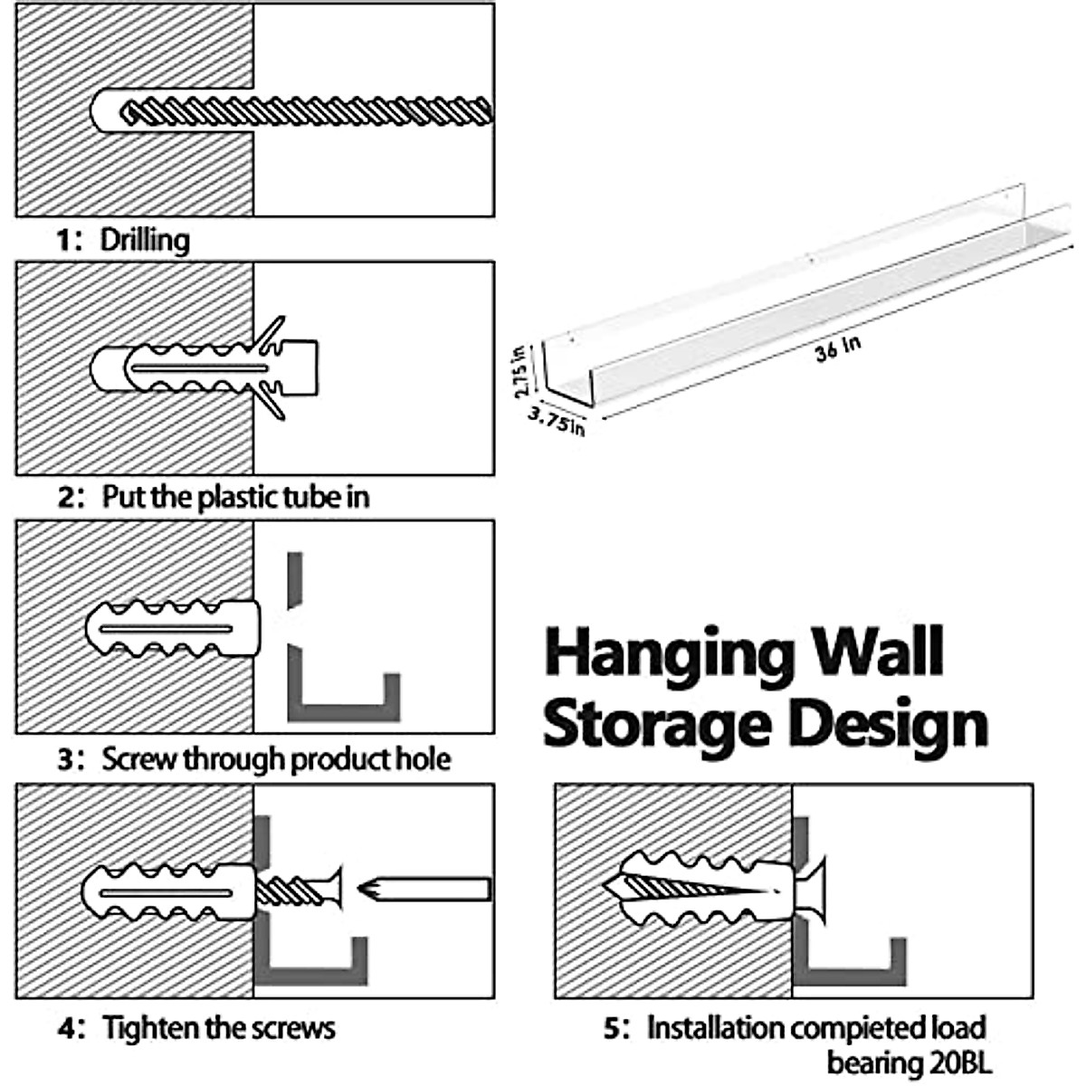 MaxGear Acrylic Floating Bookshelves, 36 Inch (2 Pack) Invisible Acrylic Floating Wall Ledge Shelf Wall Mounted Nursery Kids Bookshelf, Clear Storage Shelves Display Organizer for Bedroom, Kids Room