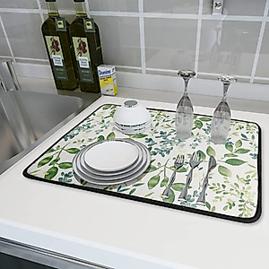 Green Leaves Branches Dish Drying Mat for Kitchen Counter 18x24 Inch Washable Microfiber Drying Mat Spring Floral Absorbent Drying Pad with Hanging Loop for Home Coffee Bar Decoration