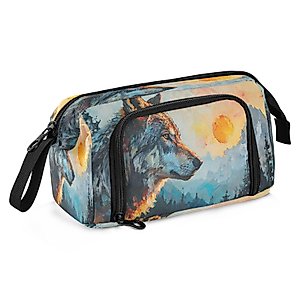SUABO Big Capacity Pencil Case Oil Print Wolf Forest Pouch Pen Case Pencil Box Stationery Bag Makeup Bag Office Organizer for Adults