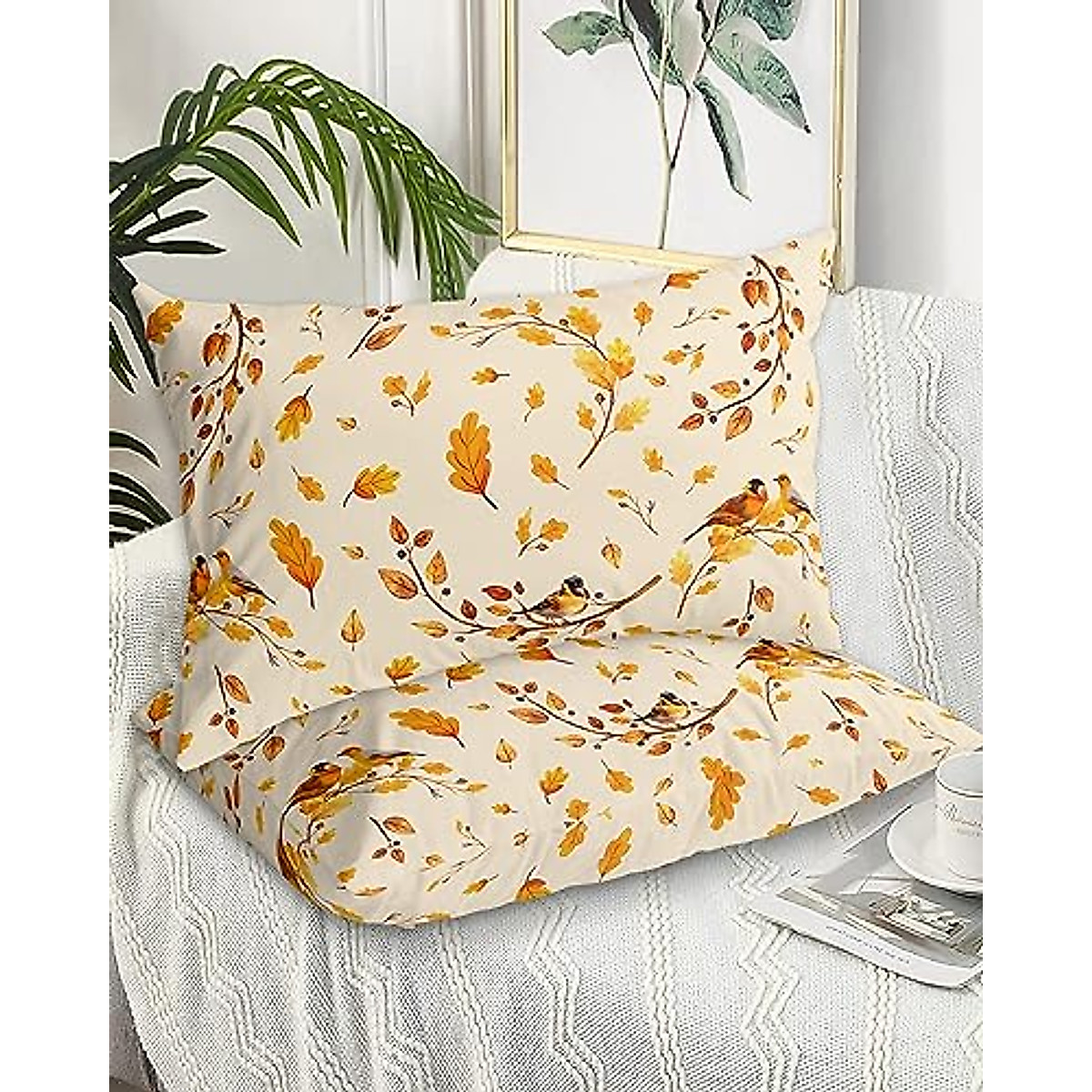 Edwiinsa Autumn Leaves Pillow Covers King Standard Set of 2 Bed Pillow, Farmhouse Fall Forest Maple Birds Plush Soft Comfort for Hair/Skin Cooling Pillowcases with Envelop Closure 20x36 Inches