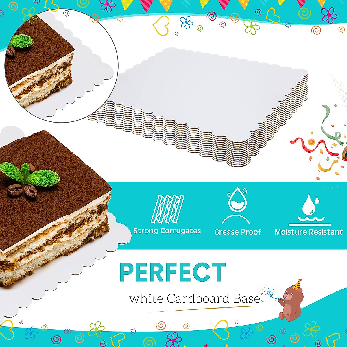 50 Pcs Rectangle Cake Board Disposable Cardboard Cake Bases Grease Proof Cake Plate Scalloped Edge Corrugated White Cakeboards Dessert and Pastry Food Tray for Pizza Party Decorate,13.4 x 9.8 Inches