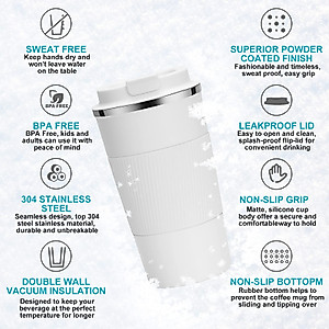 YINJOYI 17oz Travel Coffee Cups Insulated Mug Thermal Tumbler to Go with Lid Leak Proof Reusable Stainless Steel Coffee Mug Spill Proof for Hot and Iced Cold Drinks (White, 510ml)