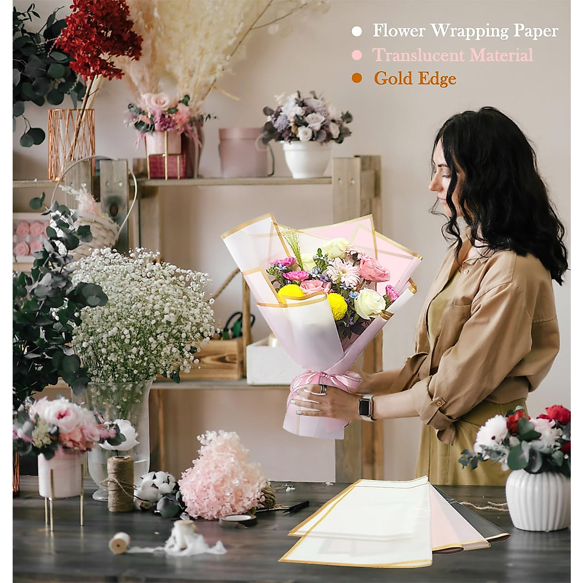 Unarty 20 Sheets 5 Colors Flower Wrapping Paper, Waterproof Bouquet Wrapping Paper with Gold Edge, Floral Wrapping Paper 22.8 x 22.8 Inch, Black, Pink, White, Red, Champagne Colors