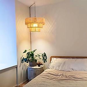 QIYIZM Plug in Pendant Light Boho Hanging Lights with Plug in Cord Rattan Hanging Lamp Dimmable Wicker Bamboo Woven Lamp Shade Hemp Rope Plug in Ceiling Light Fixture for Living Room Bedroom Kitchen