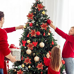 CEWOR 15 Pcs Christmas Poinsettia Flowers Glitter Artificial Flowers Decorations with Clips and Stems for Xmas Tree Wedding Party Wreath Fireplace Ornaments (Red and Gold)