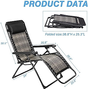 Crownland Outdoor Furniture PE Wicker Zero Gravity Lounge Folding Chair with Pillow and Cup Holder Patio Outdoor Reclining for Poolside Backyard Beach, 1 Pack, Grey