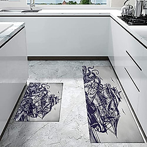 Kitchen Mats for Floor, Nautical Theme Octopus Sea Monster Kitchen Rugs, Kitchen Organization Anti-Fatigue Kitchen Mat, Kitchen Decor Runner Rug Room Decor Standing Desk Mats